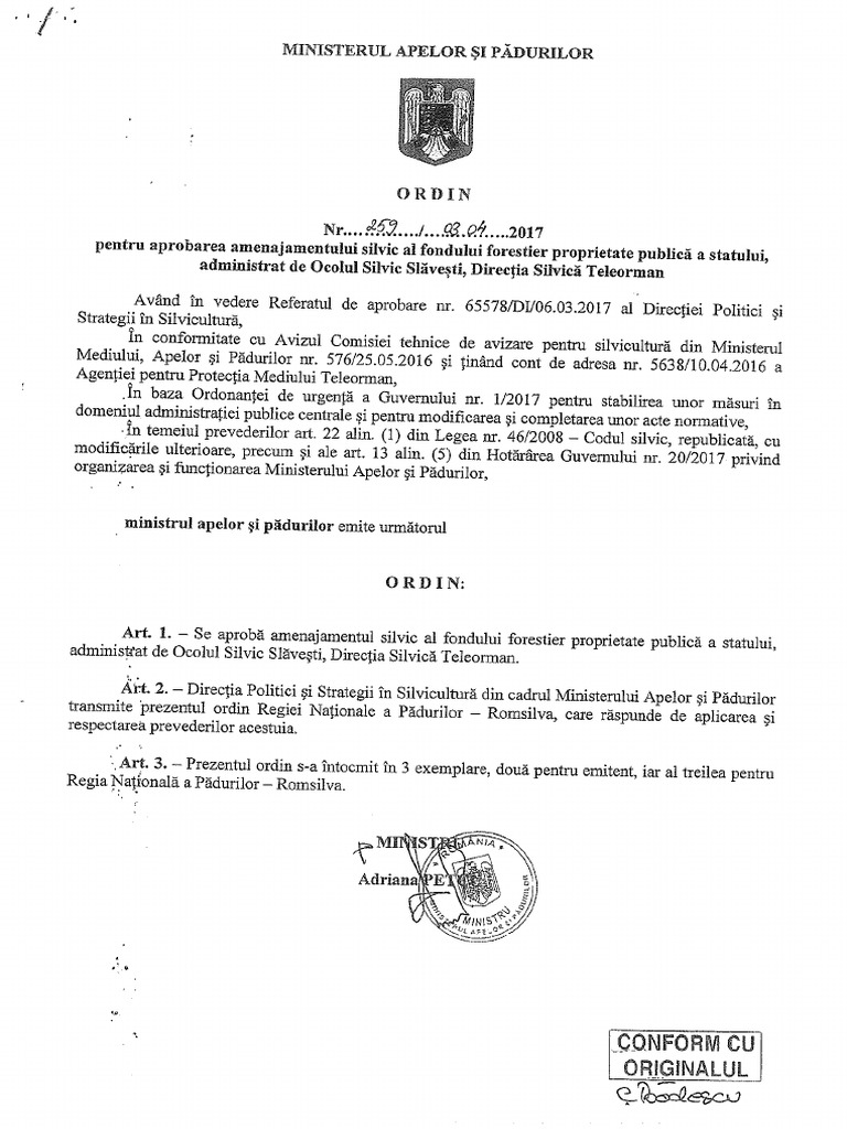 Ordin 259 Din 2017 Aprobare Amenajament | PDF