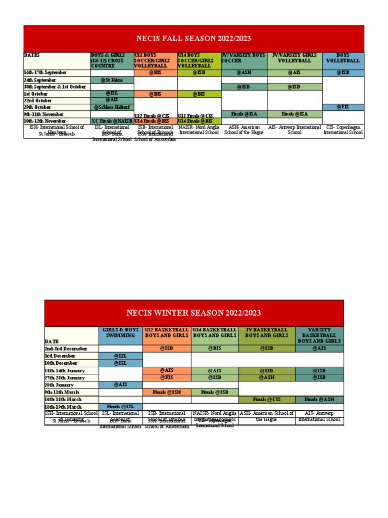 NECIS Schedule by Sport - Team 2022 - 2023 | PDF | Sports