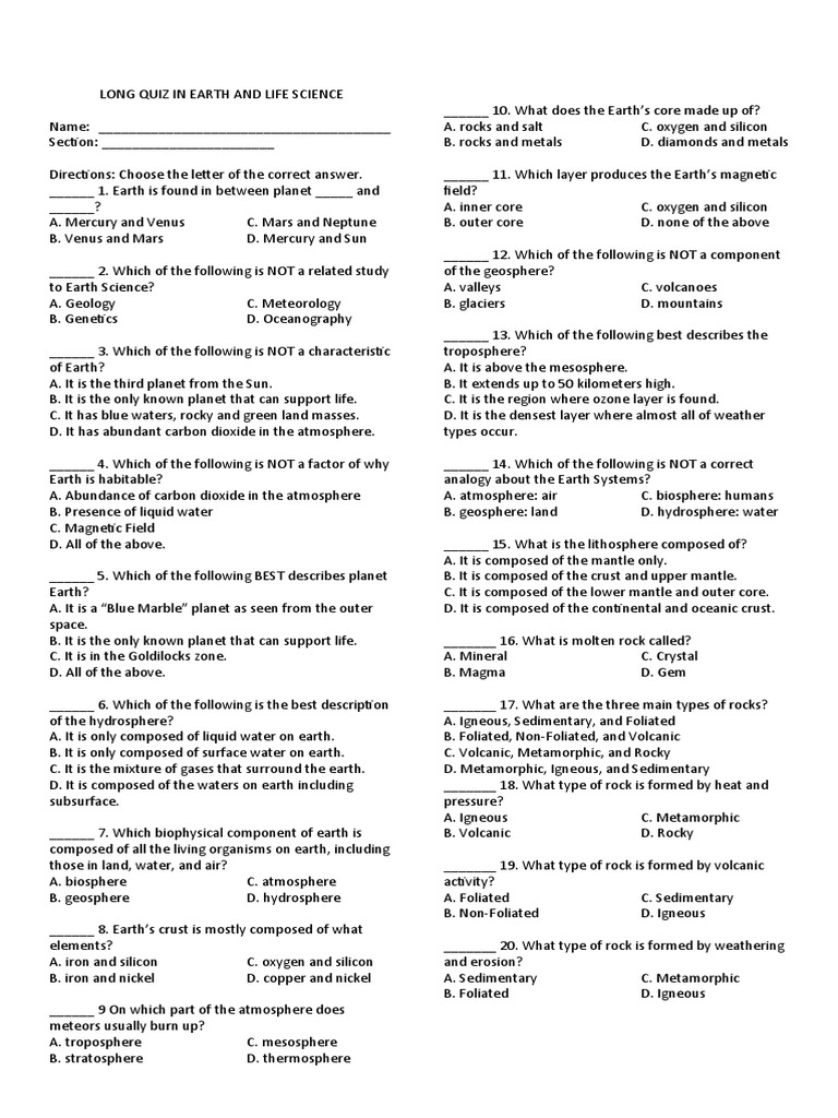 Earth and Life Science Quiz on Planets, Atmosphere, Rocks | PDF | Rock ...