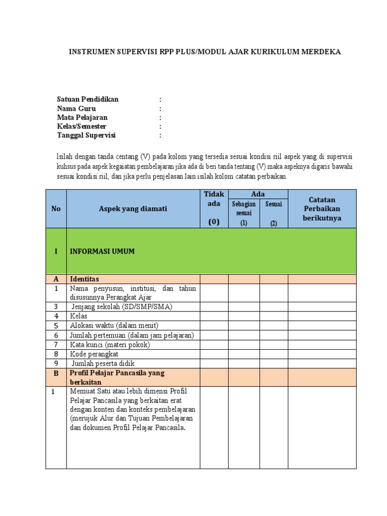 Instrumen Supervisi Modul Ajar Kurikulum Merdeka | PDF