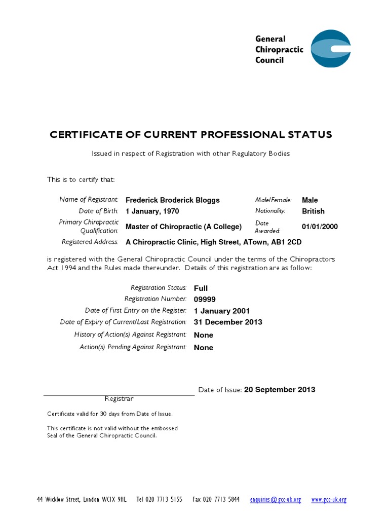 Example Certificate of Current Professional Status | PDF