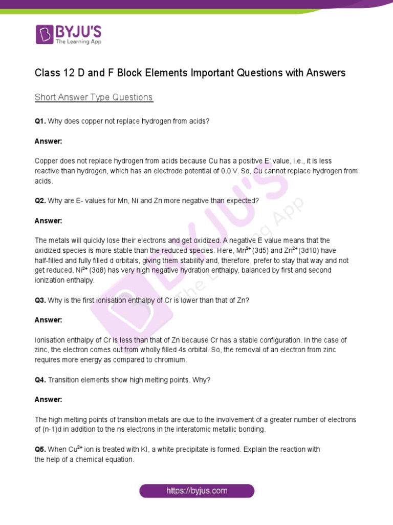 Class 12 D & F Block Elements Q&A | PDF | Transition Metals | Lanthanide