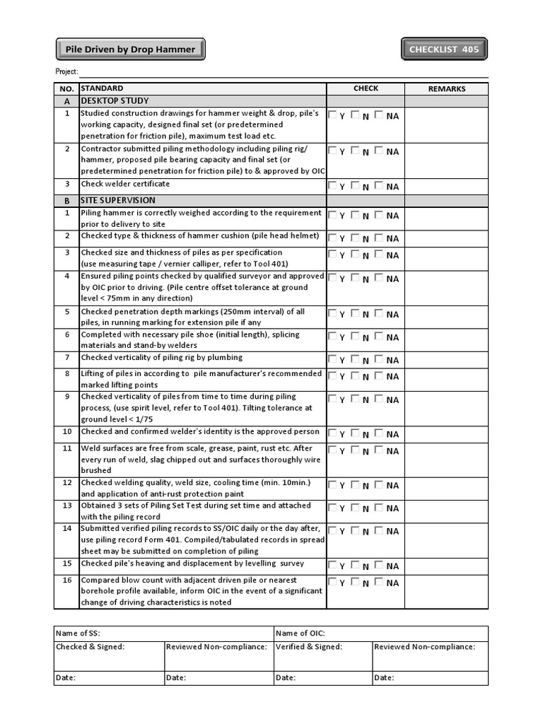 Checklist405 - Pile Driven by Drop Hammer | PDF | Deep Foundation | Welding