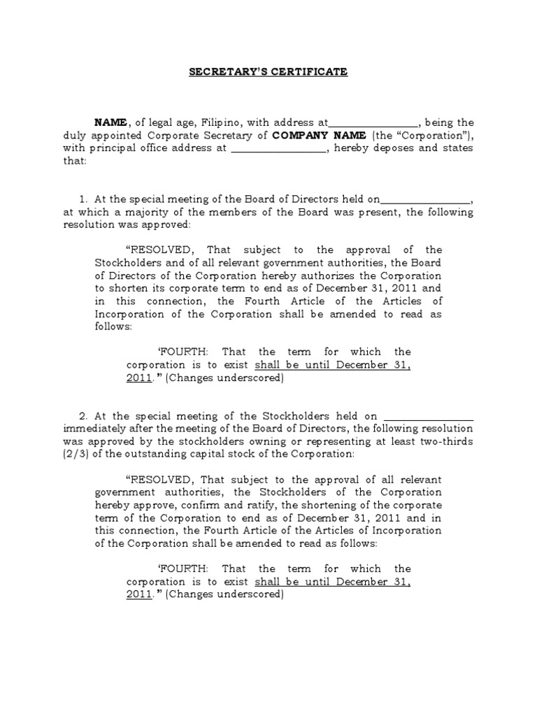 Secretary's Certificate | PDF Secretary's Certificate | PDF