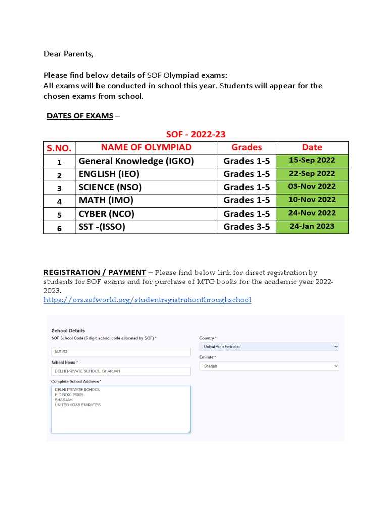 SOF REGISTRATION GRADE 1 To 5 - 2022 - 23 | PDF