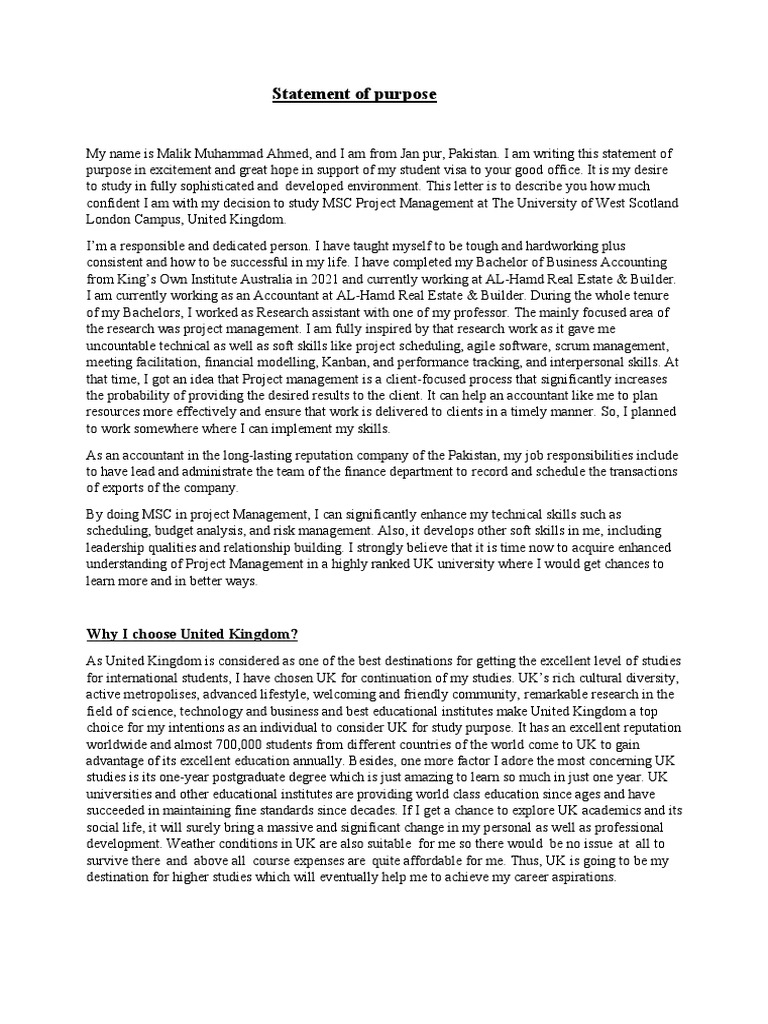 Statement of Purpose - UWS | PDF | University | Project Management