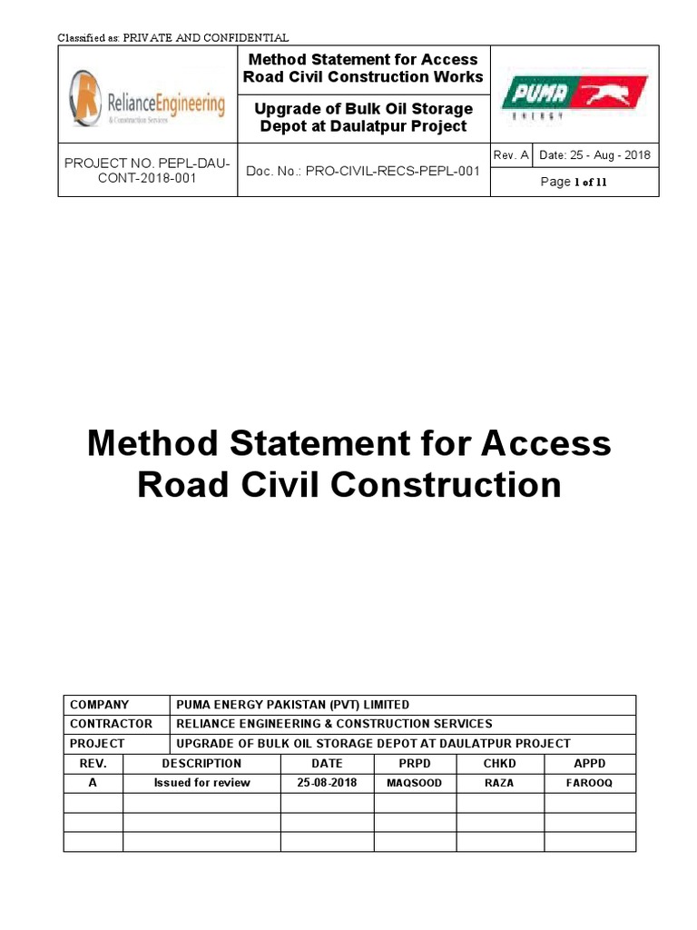 Rev-2 Method Statement For Access Road Construction Works Puma Energy Daulatpur Project | PDF ...