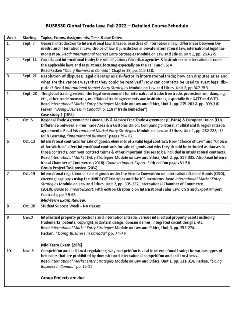 BUS8330 - F2022 - Detailed Course Schedule | PDF | Trade Agreements ...