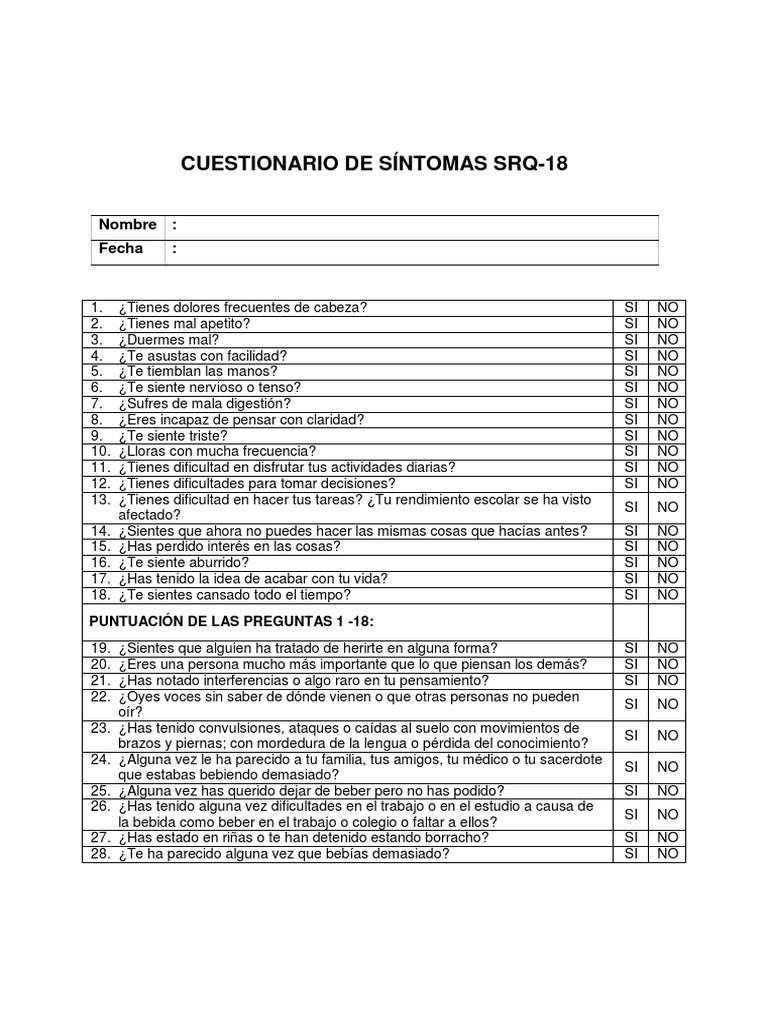 Cuestionario de Síntomas SRQ - 18 | PDF | Trastorno mental | Alcoholismo
