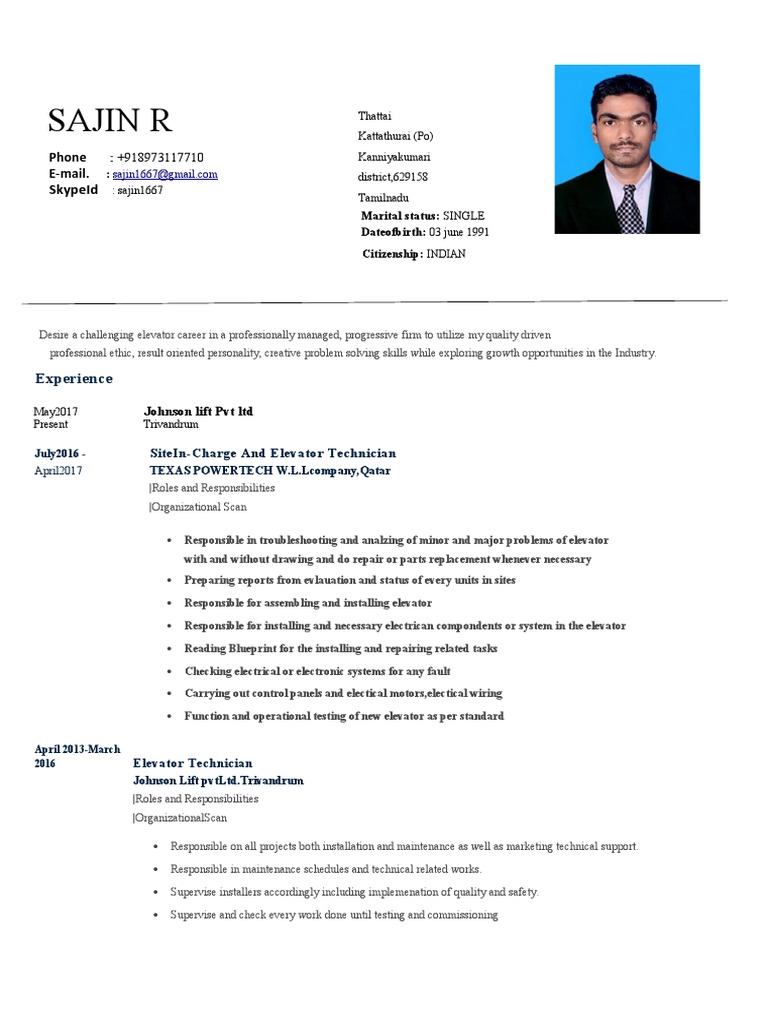 Elevator Technician Resume - Sajin R | PDF | Elevator | Electrician