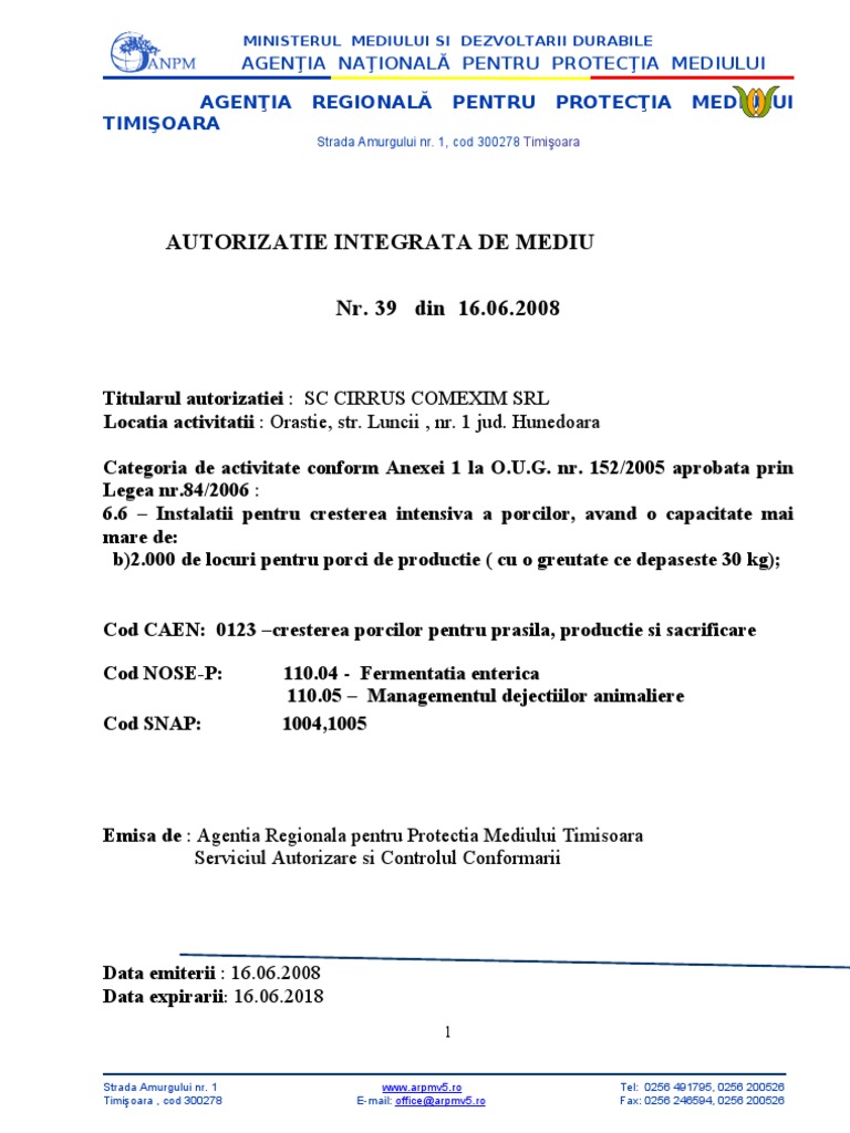 Autorizatie Mediu Ferma Porci | PDF