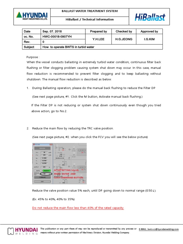 BWTS - HYUNDAI HWC - How To Operate BWTS in Turbid Water | PDF | Equipment