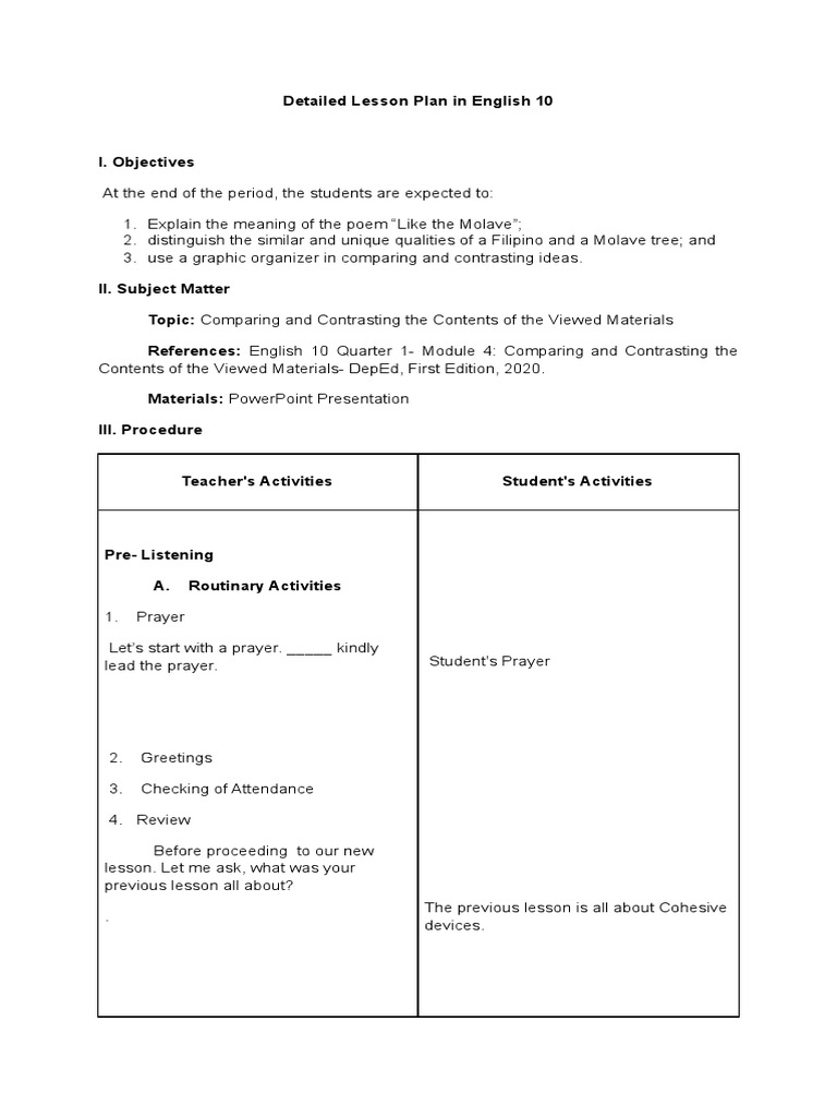 Detailed Lesson Plan in English 10 | PDF | Lesson Plan | English Language
