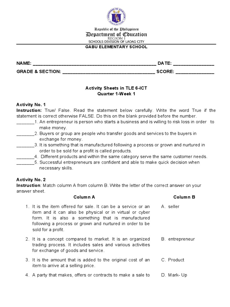 TLE 6-Quarter 1-Week 1 | PDF | Sales | Entrepreneurship