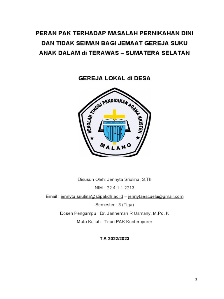 Peran Pak Bagi Jemaat Gereja Suku Anak Dalam Terawas | PDF