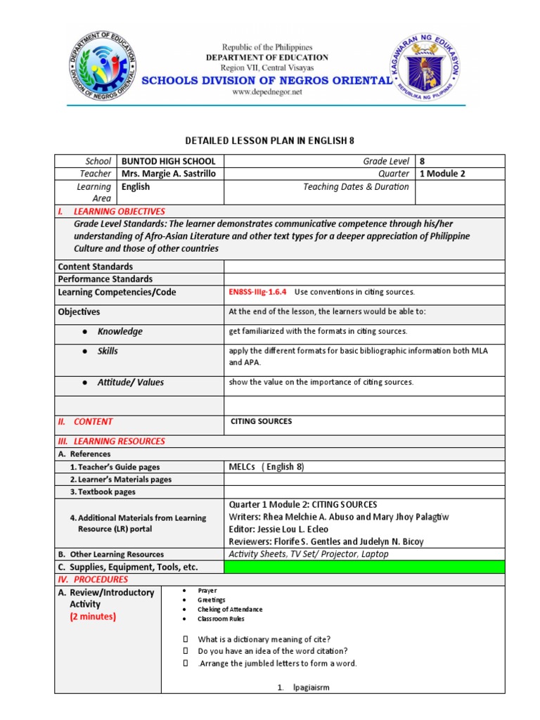 DLP English 8 Q1 M2 | PDF | Citation | Apa Style