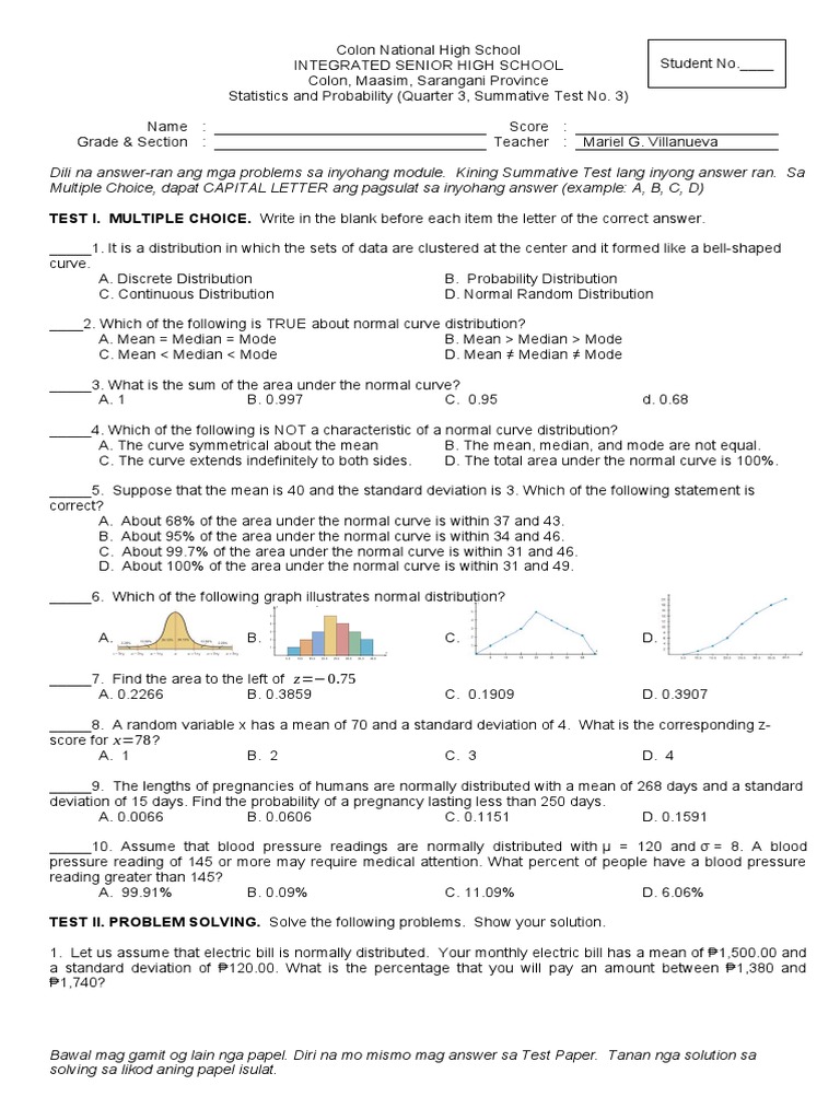 Statistics and Probability Test Guide | PDF | Normal Distribution ...
