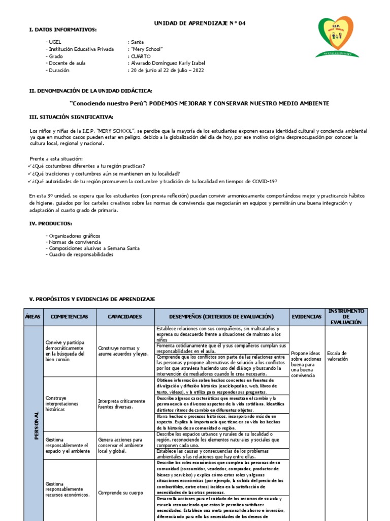 4ta Unidad 4to Grado | PDF | Fe | Aprendizaje