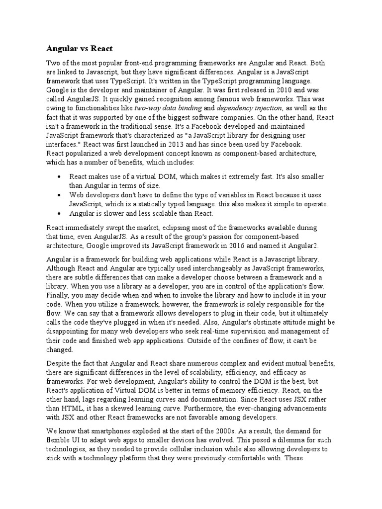 Angular Vs React Pdf Angular Js Information Technology