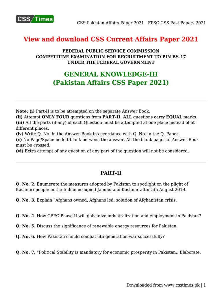 CSS Pakistan Affairs Paper 2021 - FPSC CSS Past Papers 2021 | PDF | Pakistan