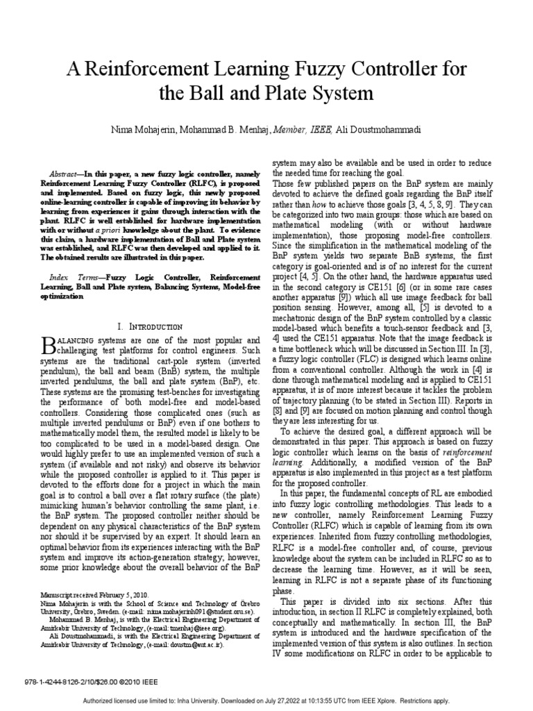 A Reinforcement Learning Fuzzy Controller For The Ball and Plate System | PDF | Control Theory ...