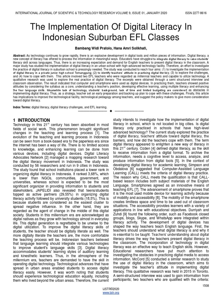 The Implementation Of Digital Literacy In Indonesian Suburban Efl Classes Pdf Literacy