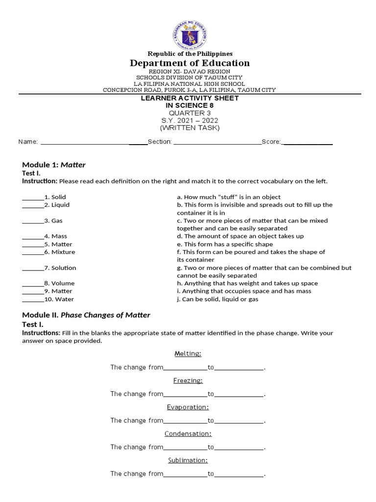 Sci 8 Las Q3 | PDF | Atoms | Periodic Table