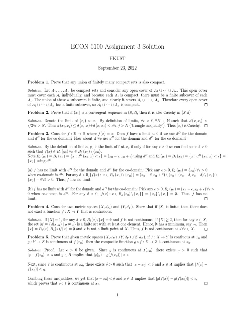 Problem Set 3 Solutions | PDF | Compact Space | Geometry