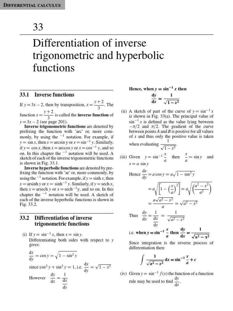 Differentiation of Inverse Trigonometric and Hyperbolic Functions | PDF ...