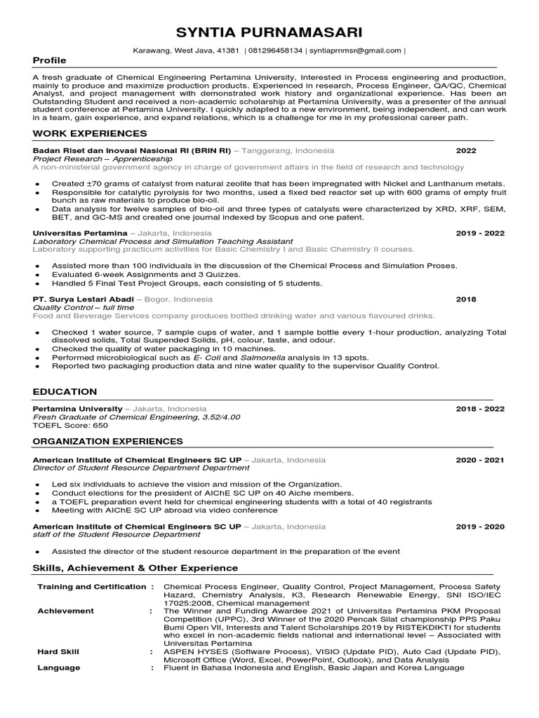 Cv Syntia Purnamasari Pdf Chemistry