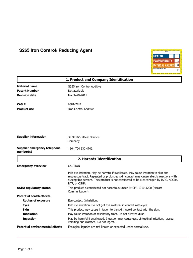 MSDS Iron Control | PDF