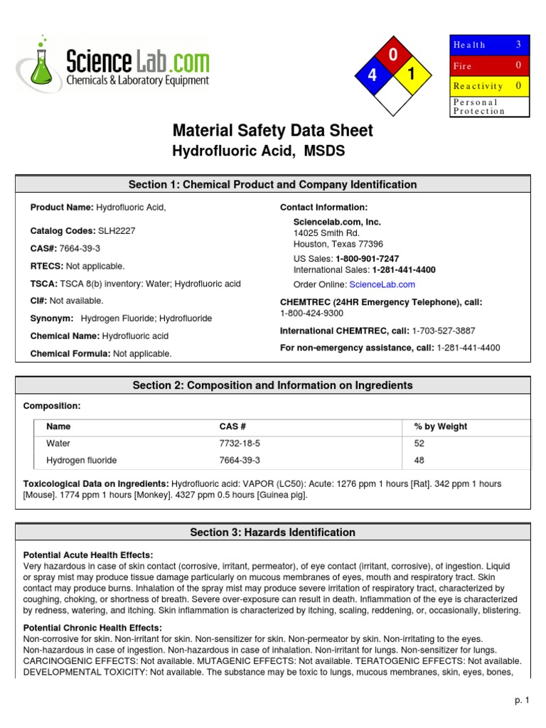 MSDS HF | PDF | Dangerous Goods | Toxicity