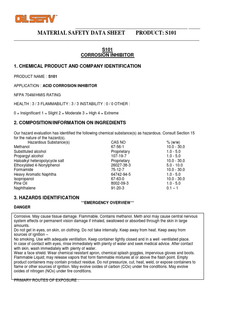 Methanol Corrosion Inhibitor MSDS S101 | PDF | Hazardous Waste ...