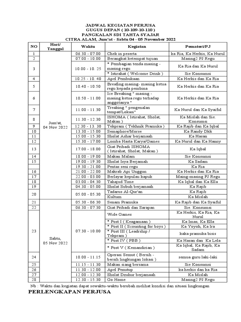 Jadwal Kegiatan Perjusa | PDF