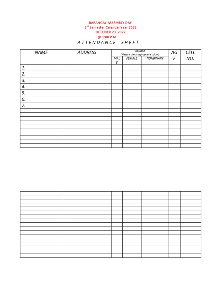 Barangay Assembly Attendance Sheet 2022 | PDF