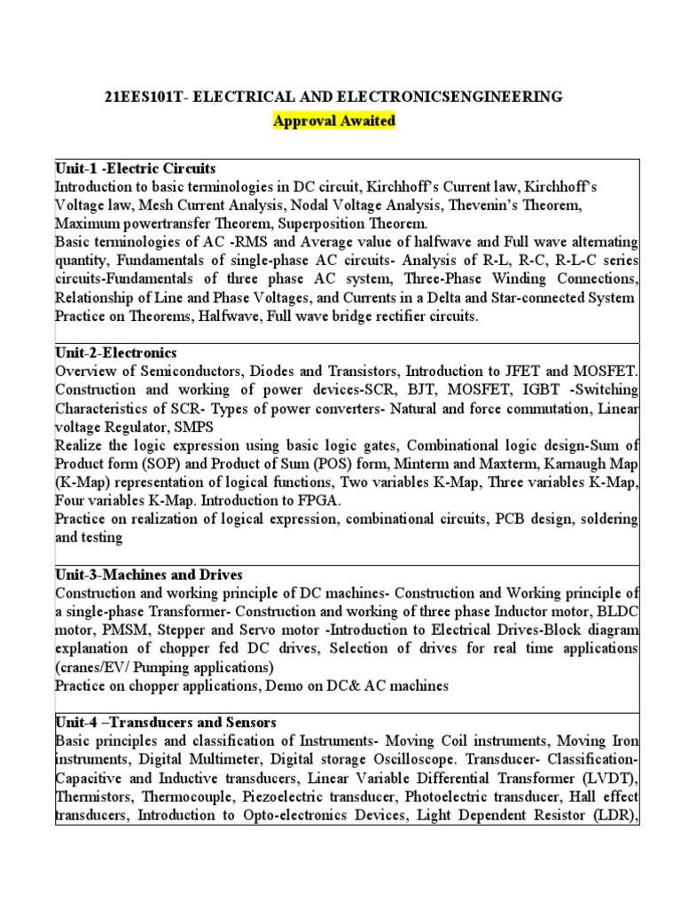 21EES101T Syllabus | PDF | Electric Motor | Electrical Network