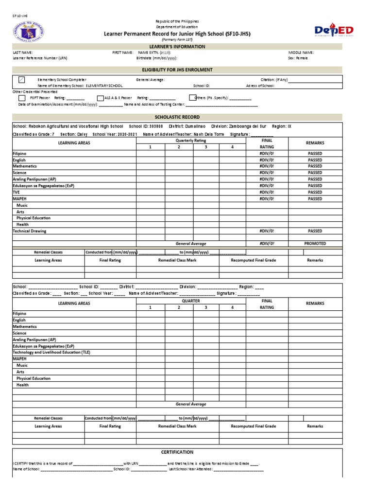 SF 10 Sample | PDF | Middle Schools