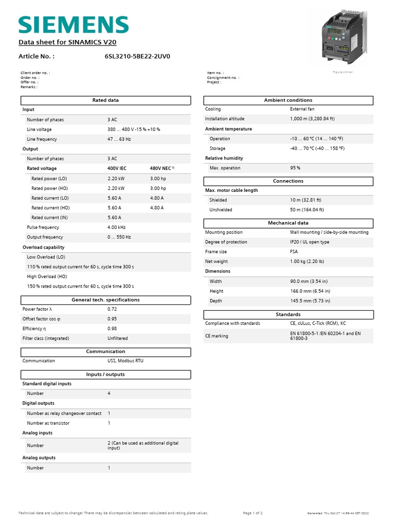6SL3210-5BE22-2UV0 Datasheet en | PDF | Alternating Current | Electric ...