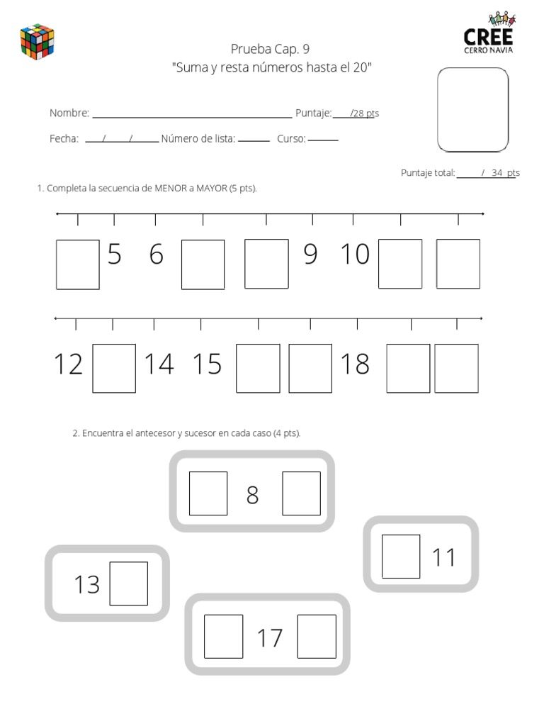Prueba de Sumas y Restas hasta 20 | PDF