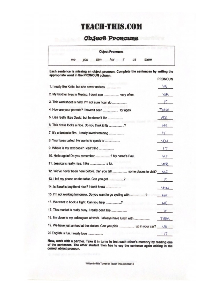 Subject, Object, Possessive Pronouns and Possessive Adjectives Practice ...