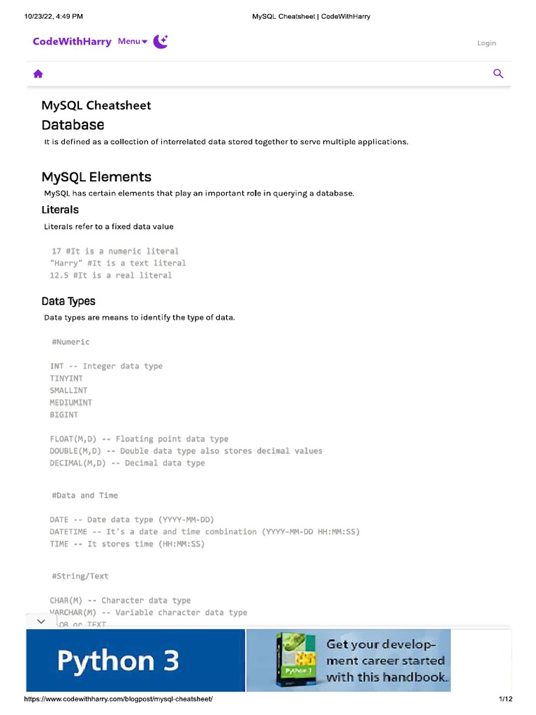 Mysal Cheatsheet | PDF