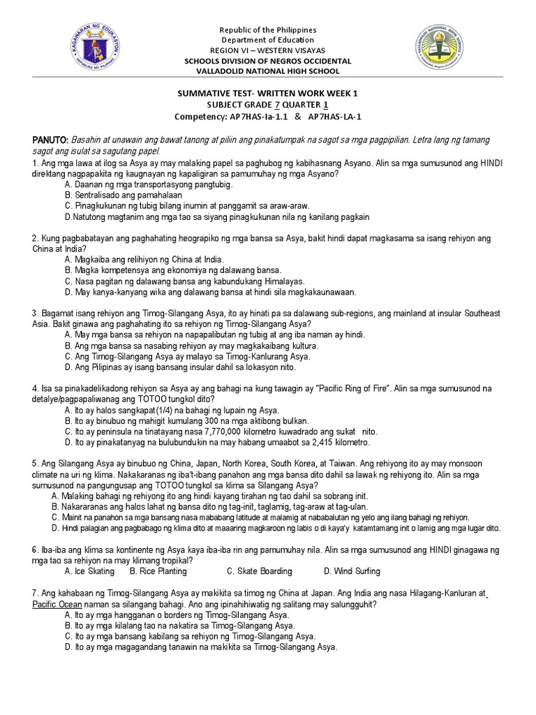 Summative Test No. 1 Week 1 (Sy 21-22) | PDF