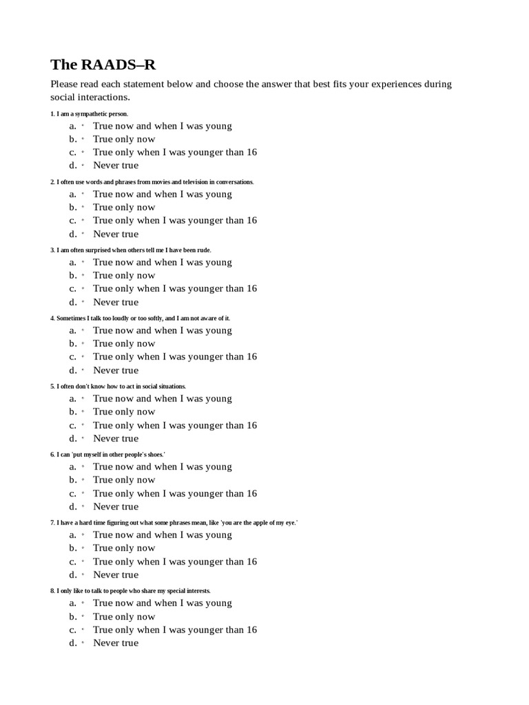 RAADS-R Autism Diagnostic Questionnaire | PDF | Self-Improvement
