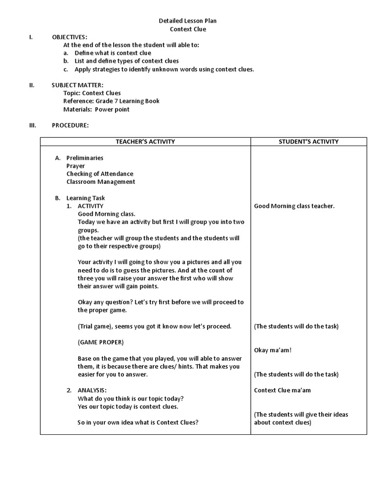 Context Clue Lesson Plan | Download Free PDF | Lesson Plan
