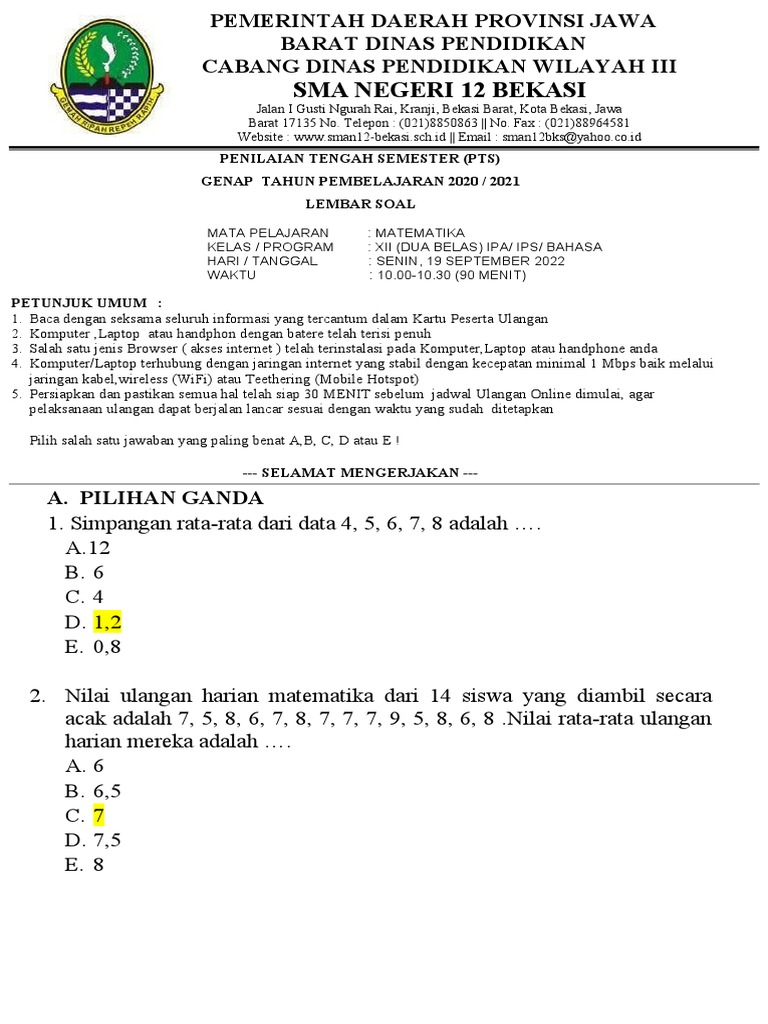 Soal PTS Mat Wajib Kelas Xii Sem Ganjil Novi New 2022 | PDF
