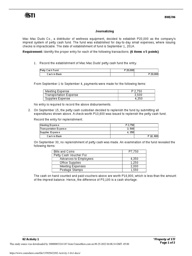 02 Activity 1 IA1 | PDF | Cash | Expense