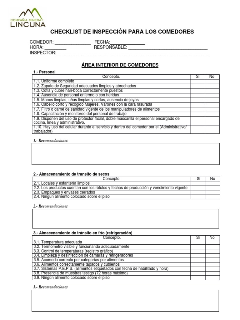 Chek List de Inspección de Comedores Lincuna | PDF | Carne | Alimentos
