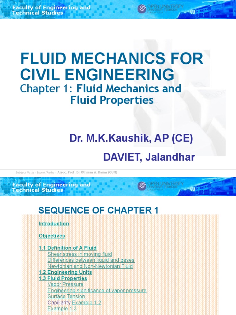 BTCE 301 (Chapter 1) Fluid Mechanics For Civil Engineering | PDF | Viscosity | Fluid