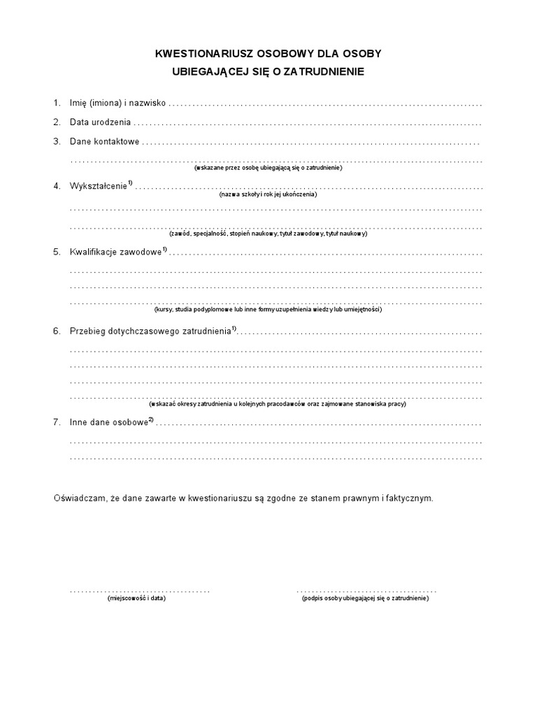 Kwestionariusz Osobowy Dla Osoby Ubiegajacej Sie o Zatrudnien 1 | PDF