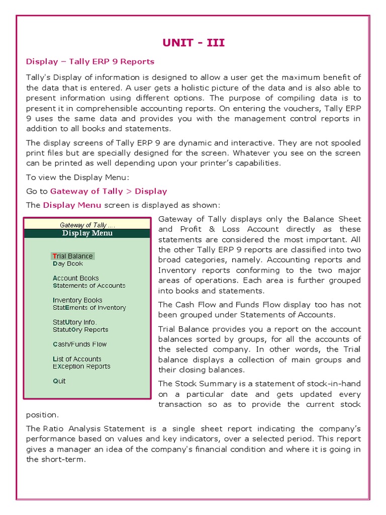 Tally ERP 9: Overview of Reports | PDF | Cheque | Working Capital